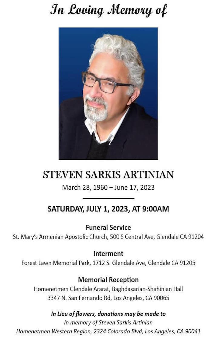 Funeral Notice: Steve Artinian - Asbarez.com